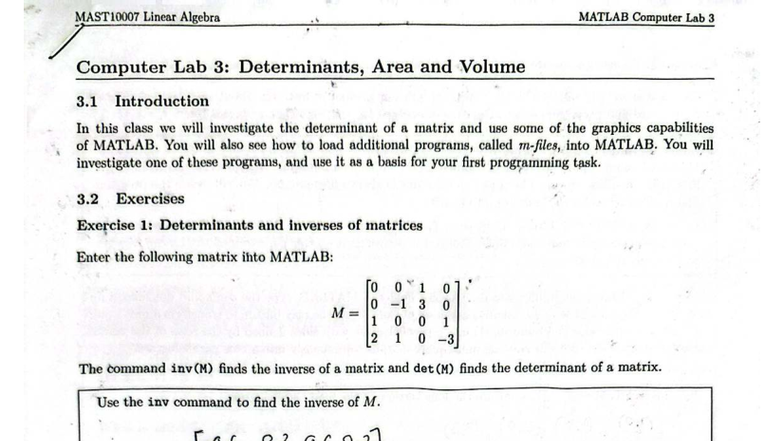 Linear Algebra MATLAB Lab 3: Determinants & Inverses - Studocu