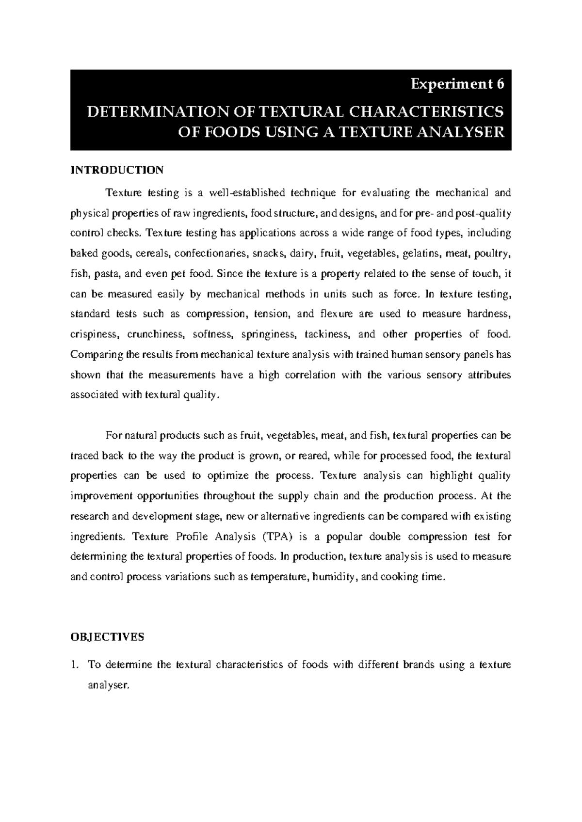 Lab Manual: Experiment 6 - Texture Analysis of Foods (TA.XT2i) - Studocu