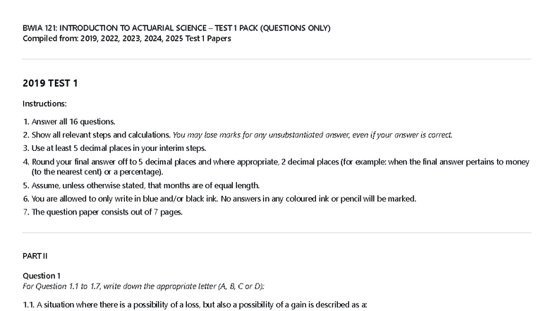 BWIA 121: INTRODUCTION TO ACTUARIAL SCIENCE TEST 1 QUESTIONS ONLY (2019 ...