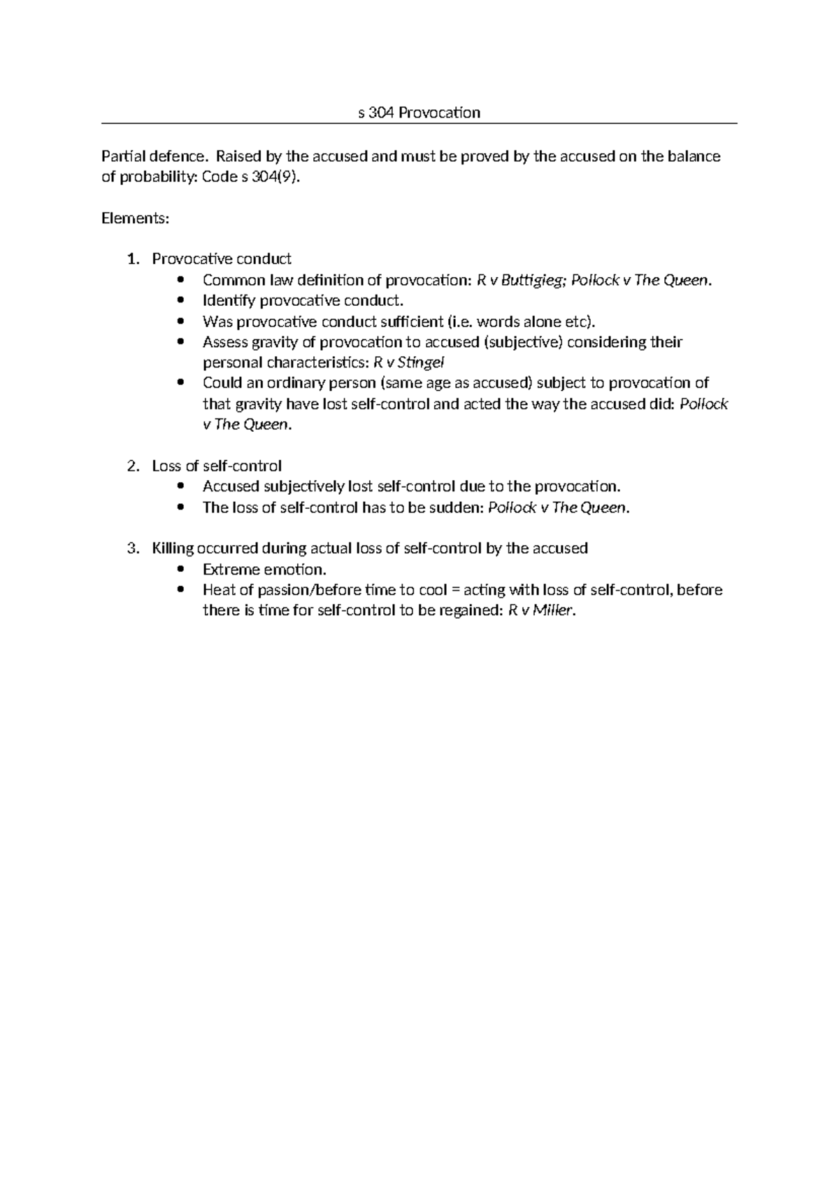 S 304 Provocation Cheat Sheet: Key Elements & Case Law - Studocu