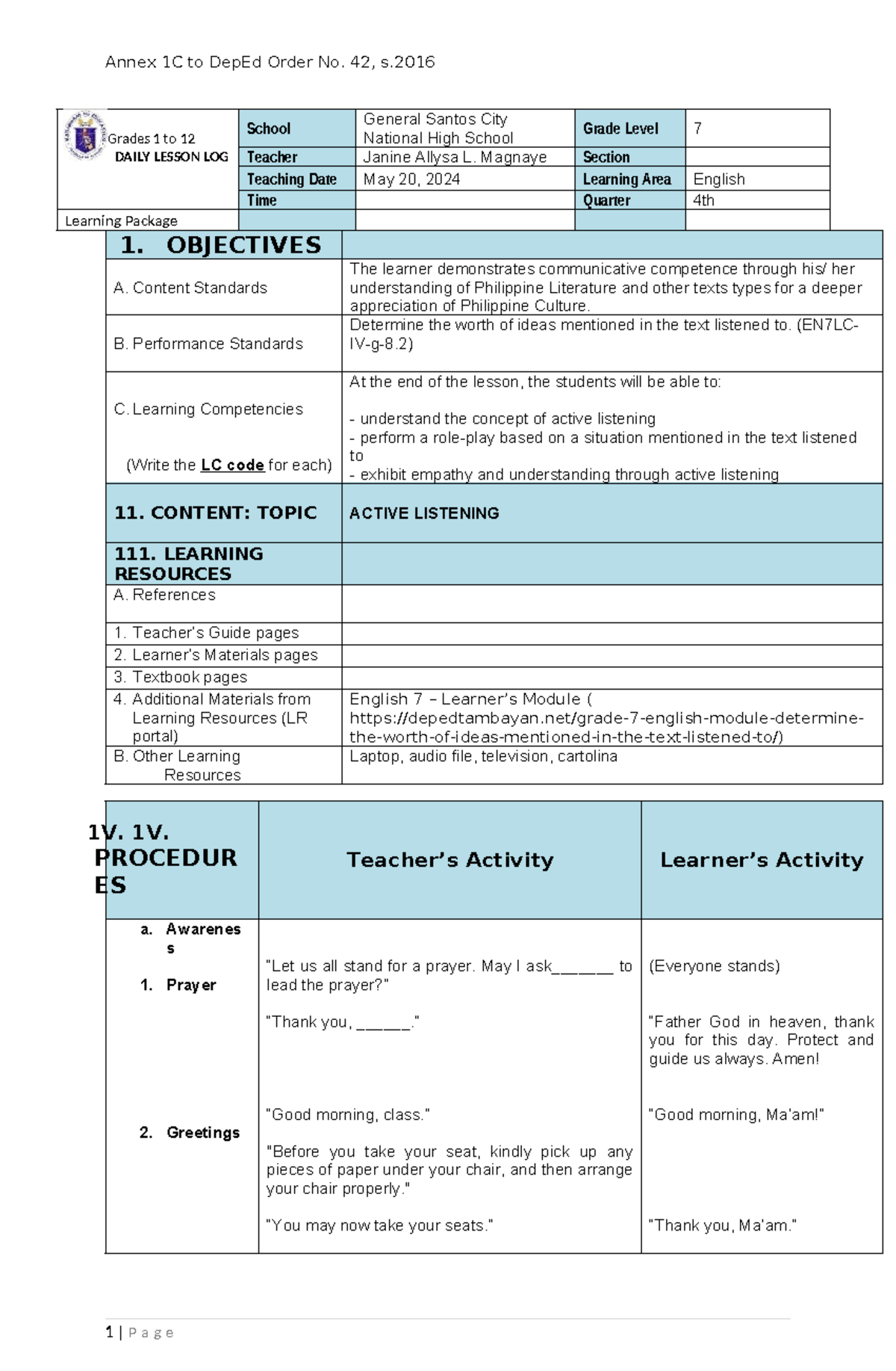 DLP-Active Listening Lesson Plan for Grade 7 - English 4th Quarter ...