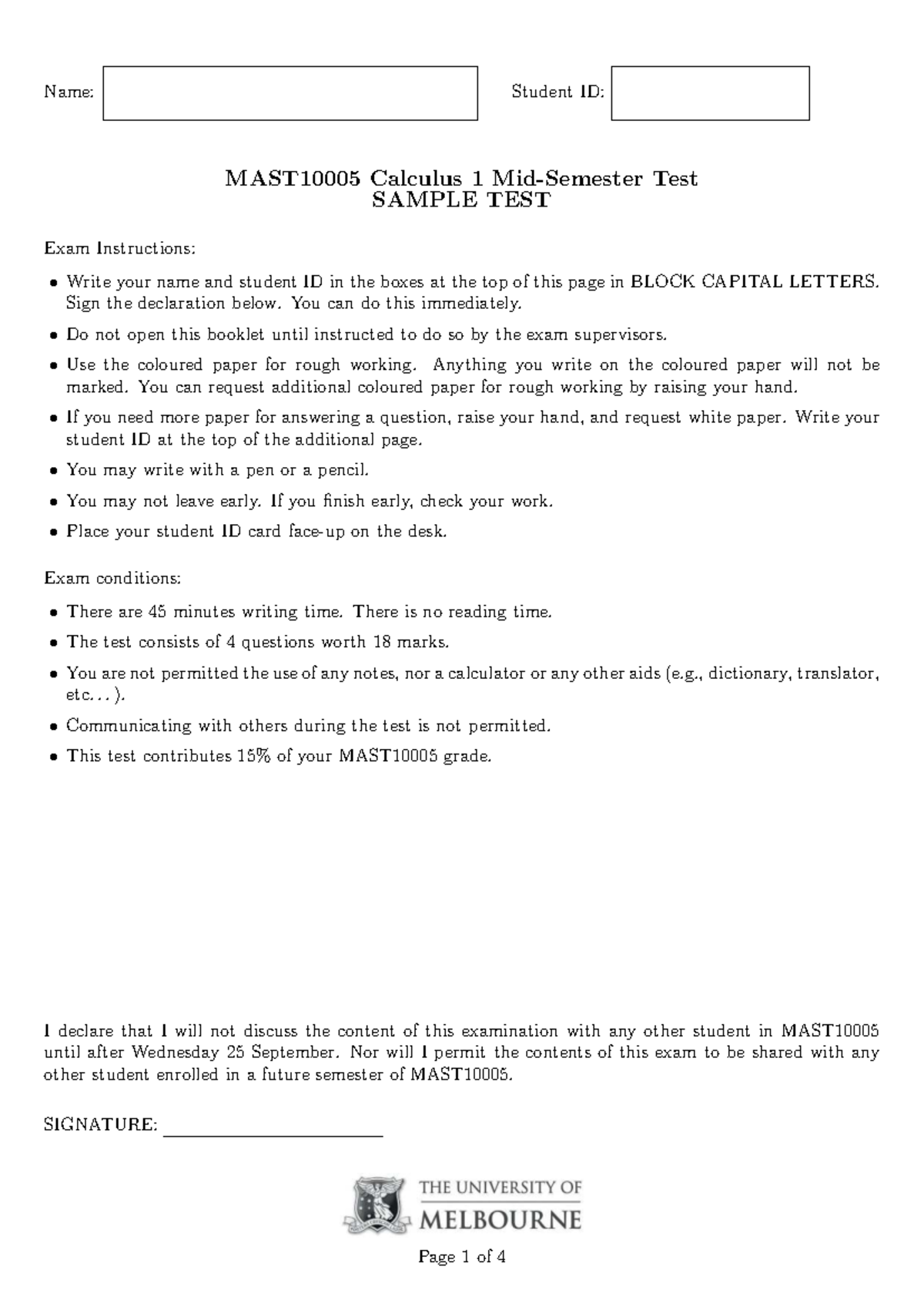 MAST10005 Calculus 1 Sample Test Instructions and Questions - Studocu