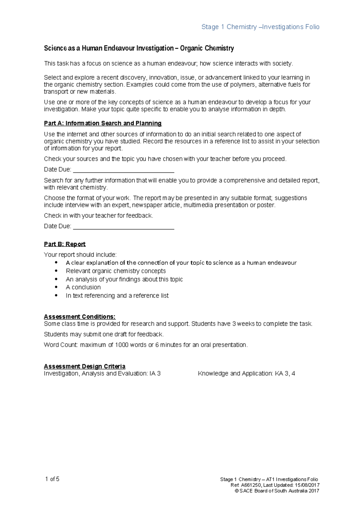 Stage 1 Chemistry - SHE Investigation Report on Organic Chemistry ...