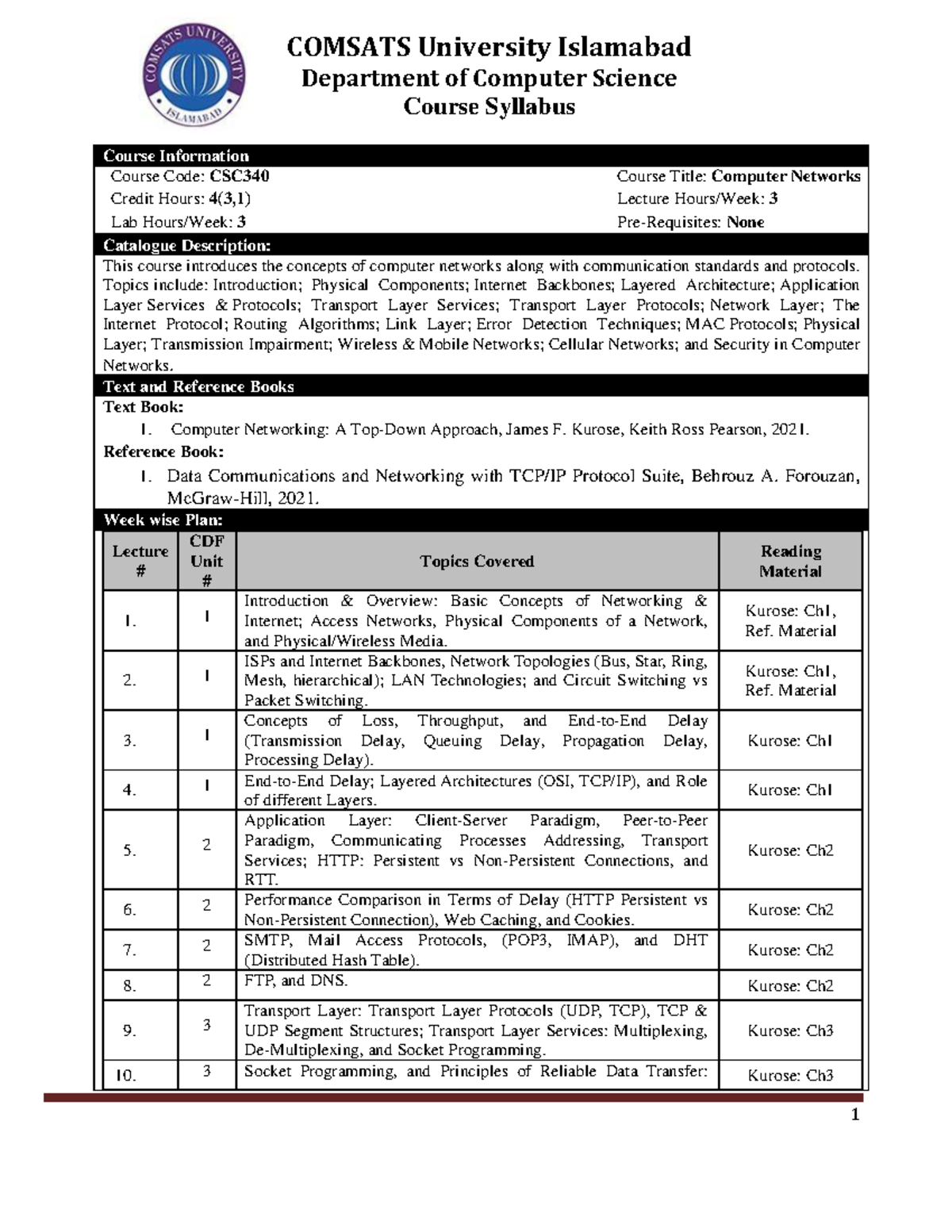 CSC340 Computer Networks Course Syllabus and Overview - Studocu