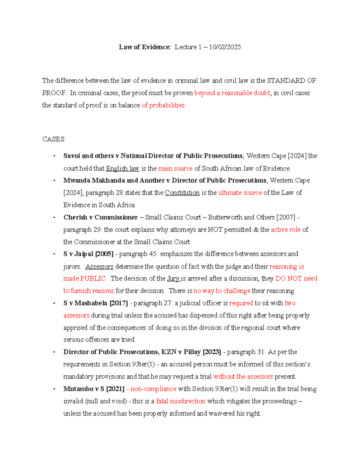 Law of Evidence: Lecture 1 - Standards of Proof in Criminal vs Civil ...