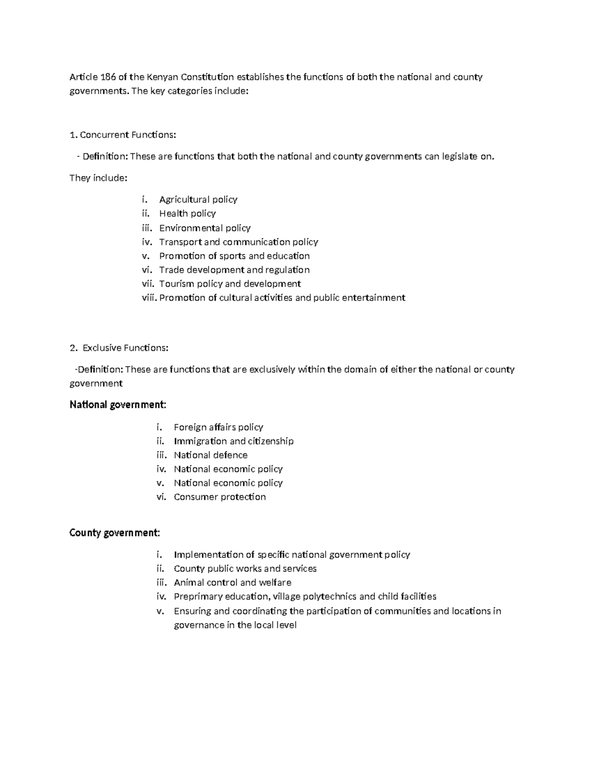 Devolution: Functions of National and County Governments - Notes - Studocu