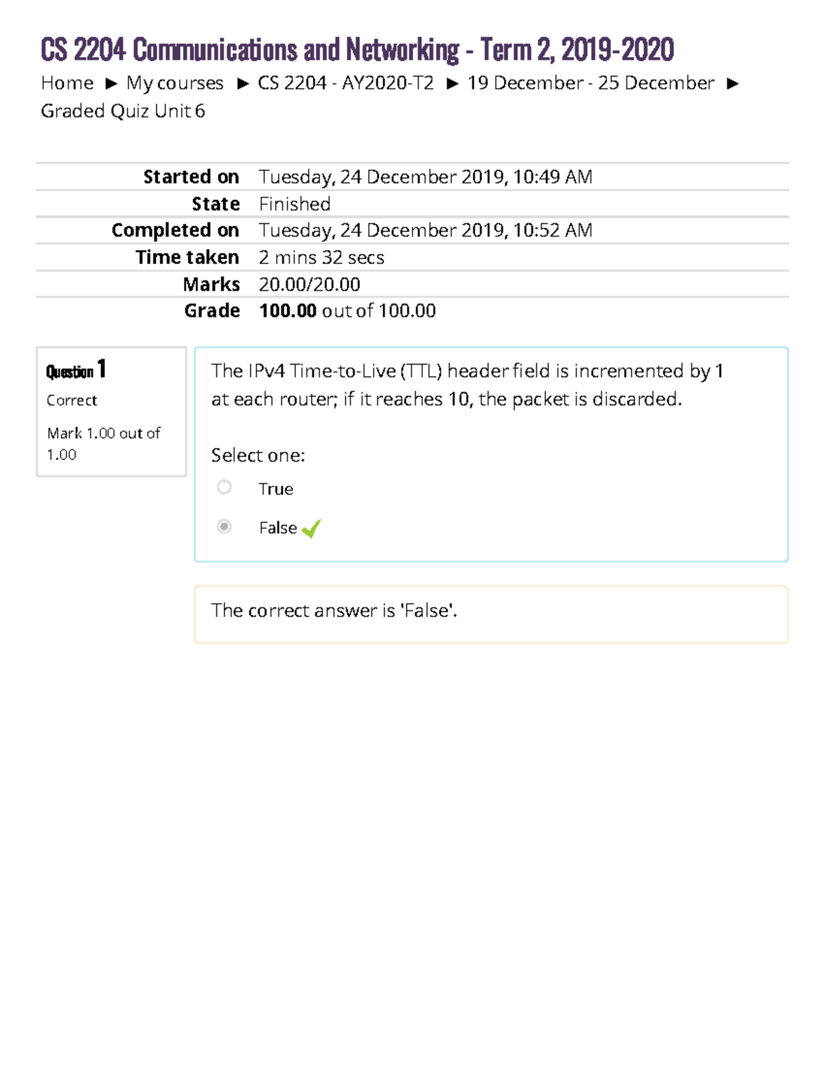 Graded Quiz Unit 6 - Home My courses CS 2204 - AY2020-T2 19 December ...