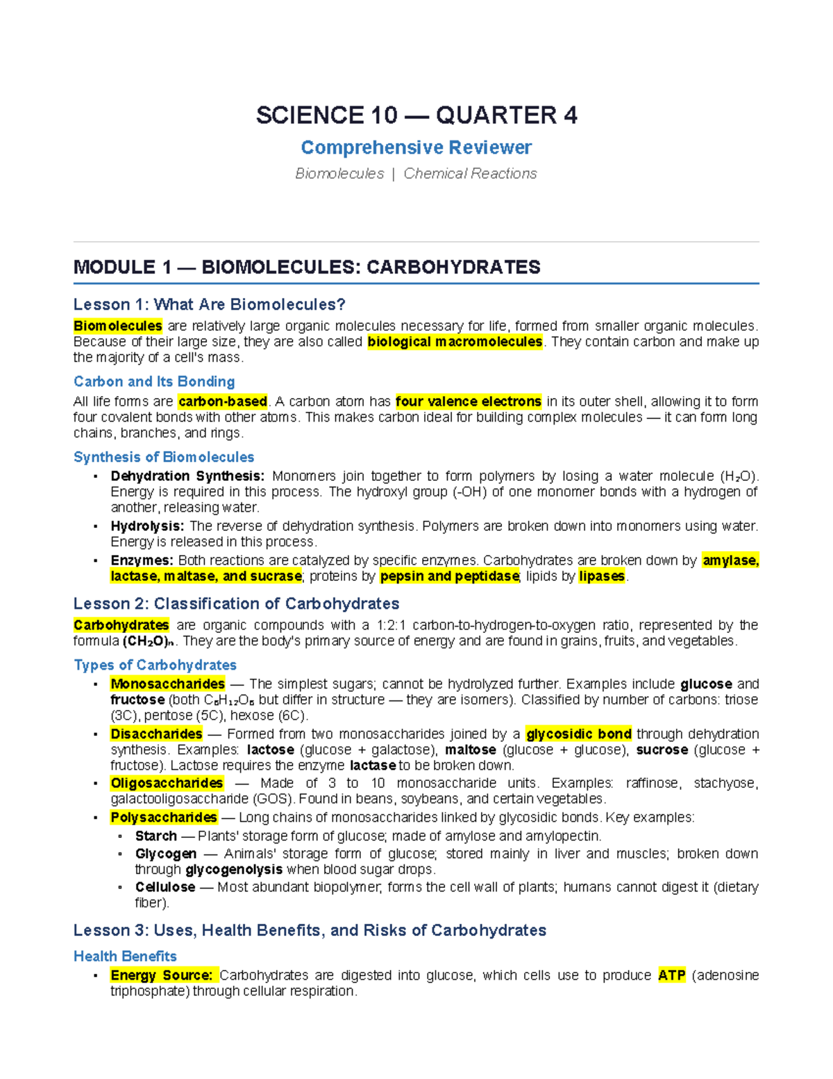 SCIENCE 10 Q4 Comprehensive Reviewer on Biomolecules & Chemical ...