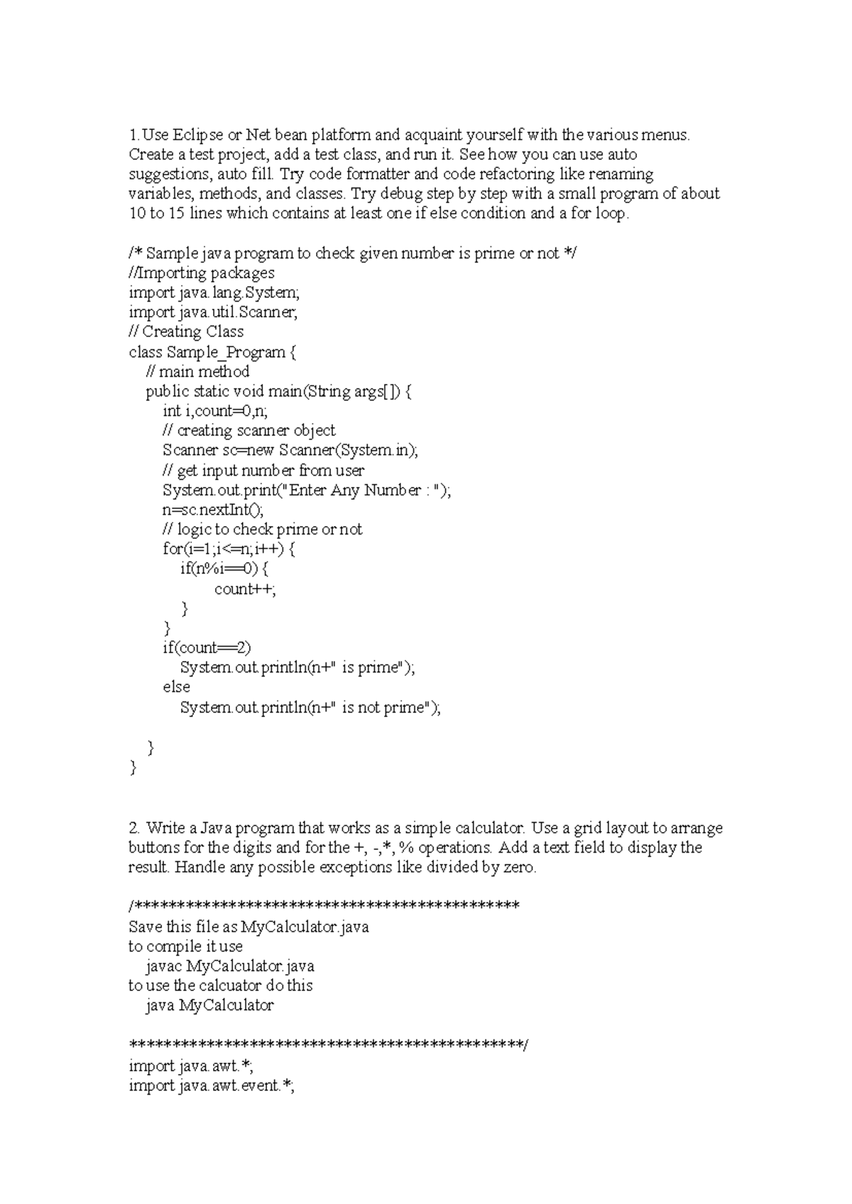 Java Programming Lab Manual (CS101) - Eclipse & NetBeans Tutorials - Studocu