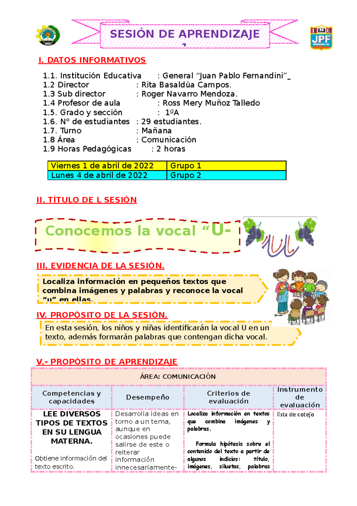 Sesion comunic. -vocal u - ####### I. DATOS INFORMATIVOS ####### 1 ...