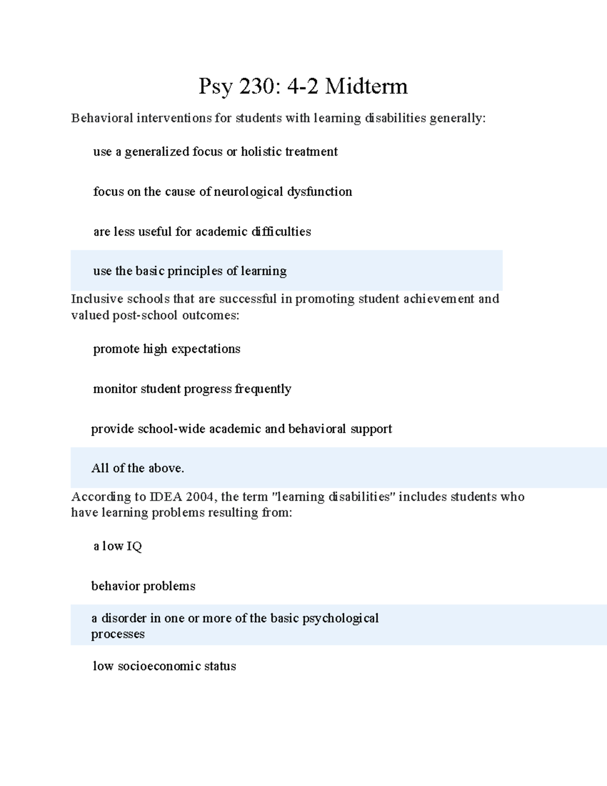 Psy 230 Midterm Study Guide: Key Concepts & Learning Disabilities - Studocu
