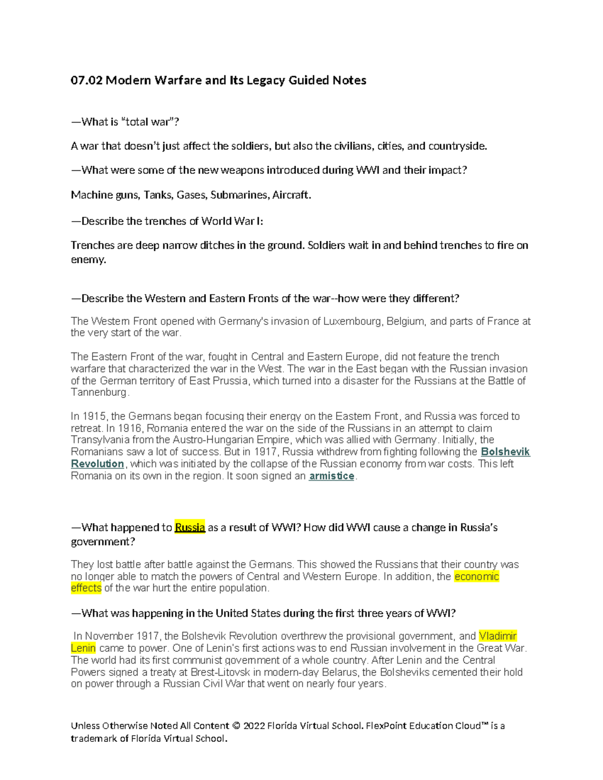 07 02 Modern Warfare: Guided Notes on WWI and Its Impacts - Studocu