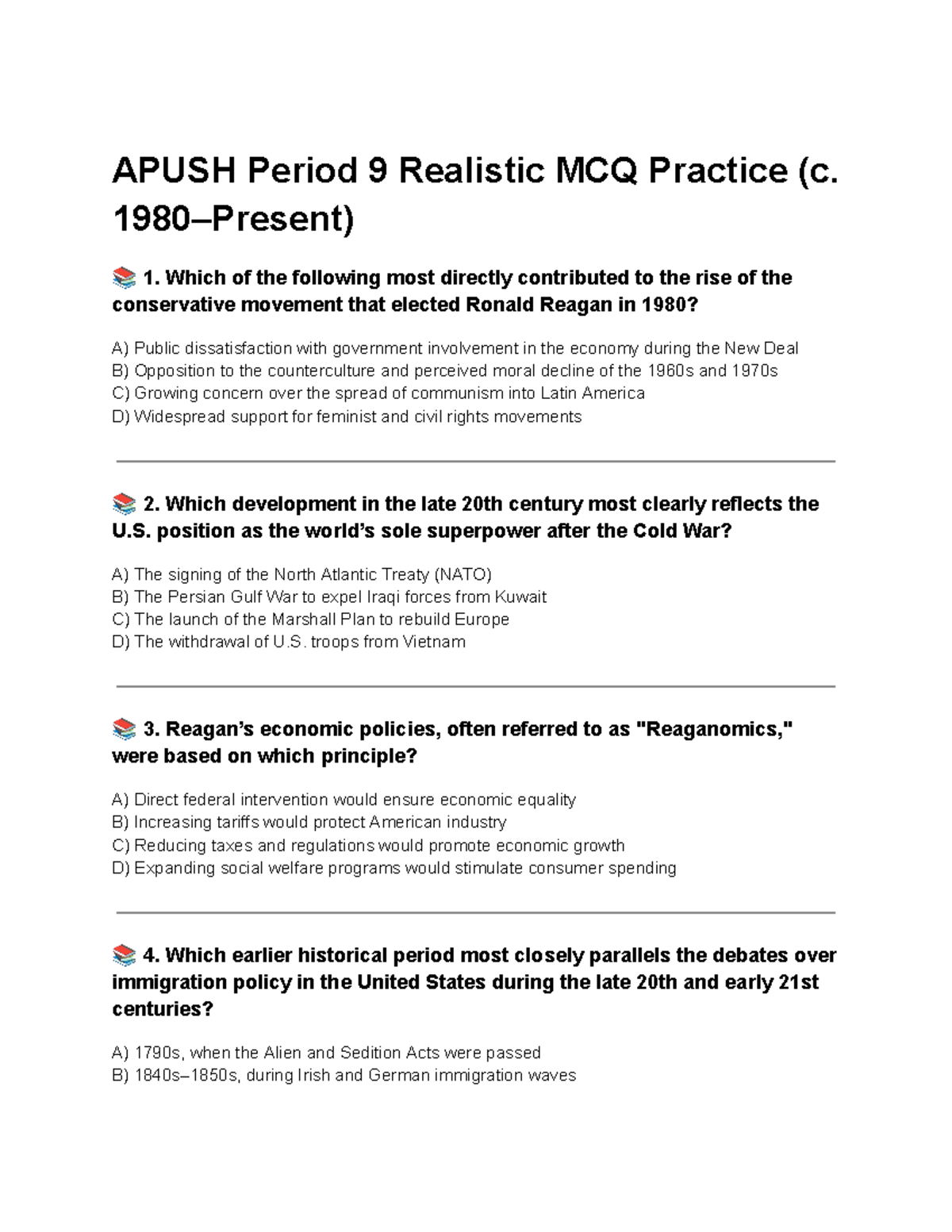 APUSH Period 9: MCQ Practice Questions & Answers (1980–Present) - Studocu