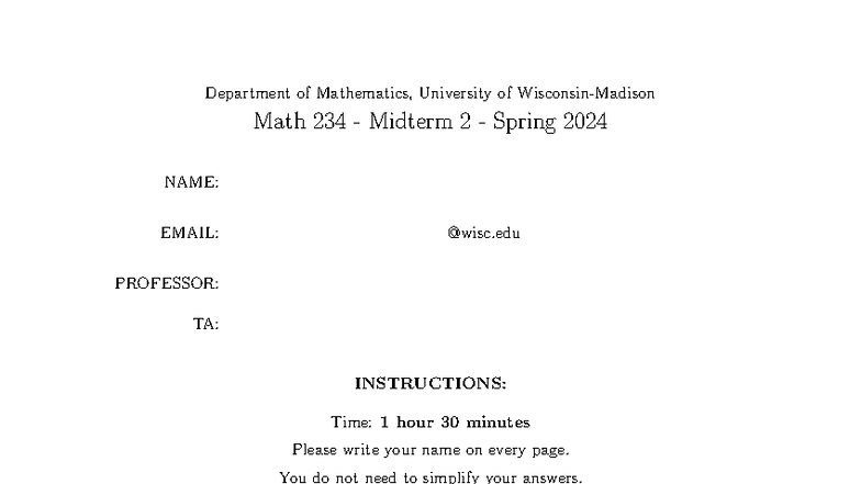 Math 234 Midterm 2 Exam Spring 2024 - Department of Mathematics - Studocu
