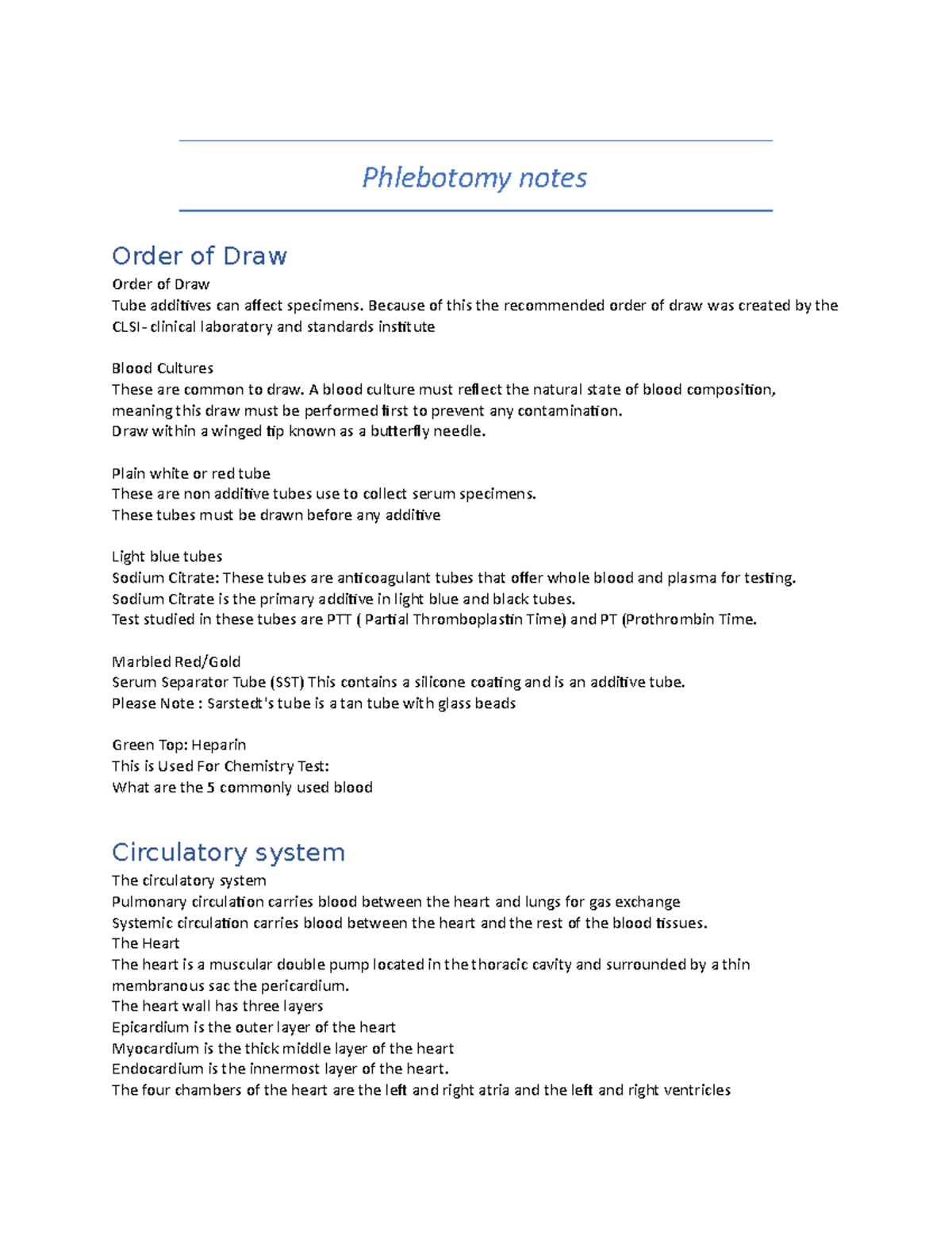 Phlebotomy notes - Phlebotomy notes Order of Draw Order of Draw Tube ...