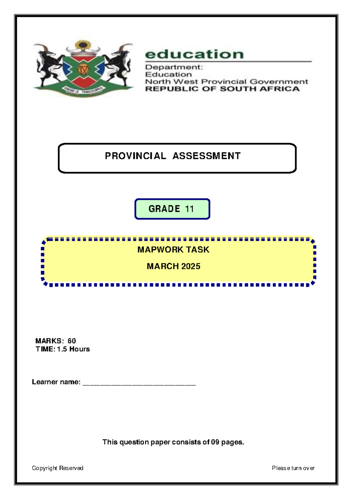 Grade 11 Geo MAPWORK TASK 1 - Provincial Assessment March 2025 - Studocu