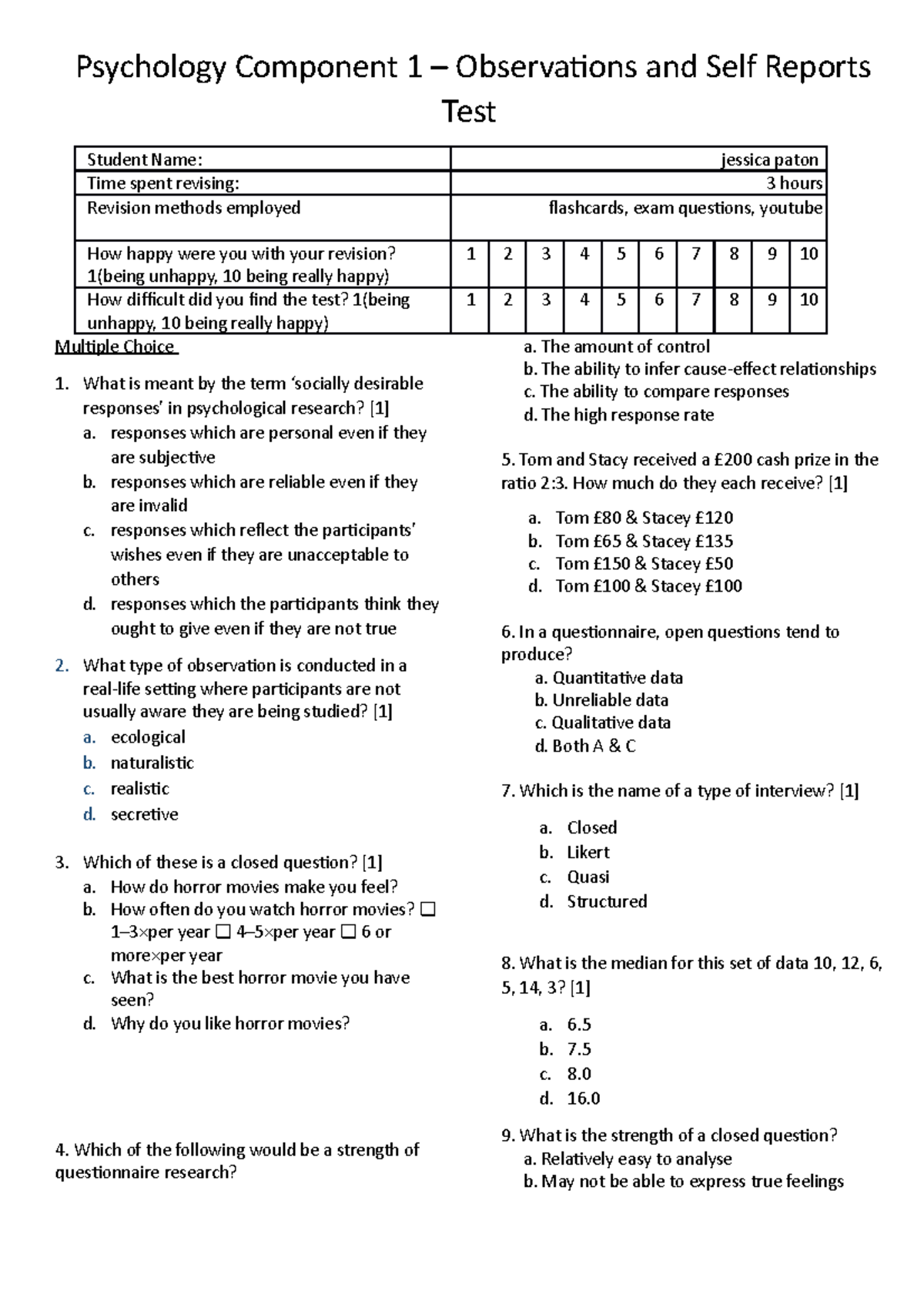 Psychology Component 1 – Observations and Self Reports Test ...