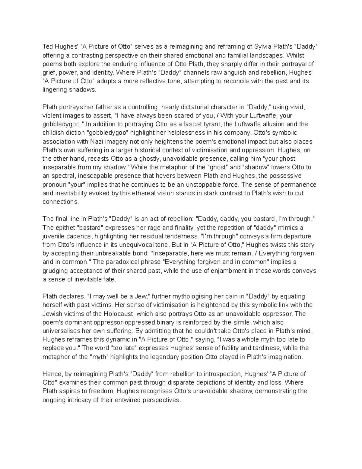 LIT101: Comparative Analysis of Ted Hughes' A Picture of Otto & Plath's ...