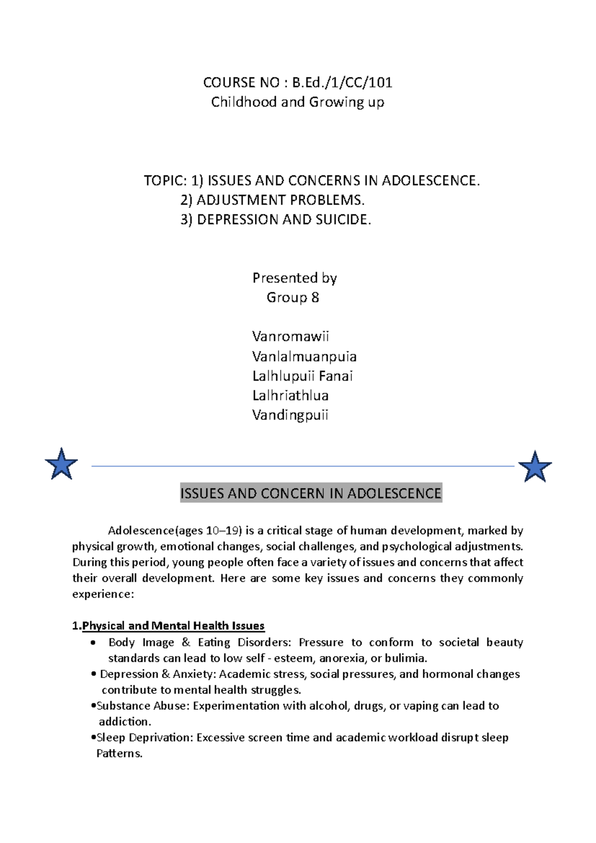 COURSE NO: Childhood and Growing Up - Issues & Concerns in Adolescence ...