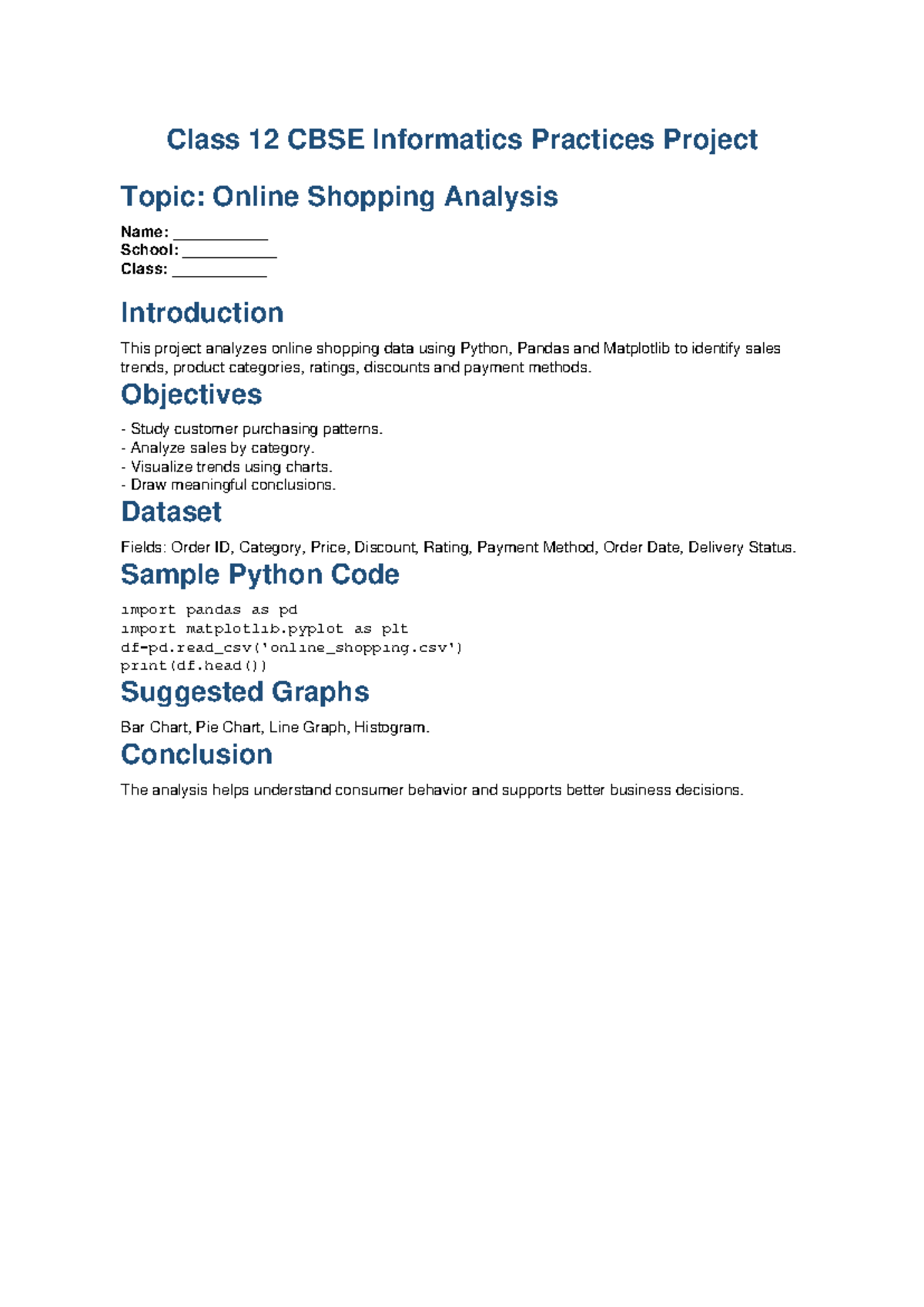 Class 12 CBSE IP Online Shopping Analysis Project - Class 12 CBSE ...