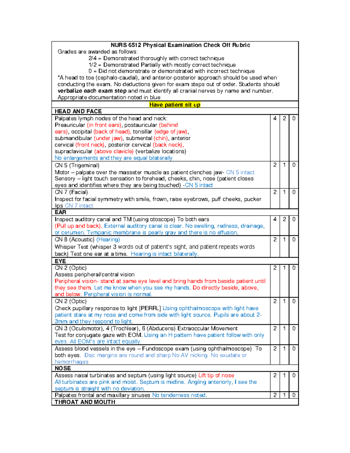 NURS 6512 Physical Examination Check-Off Grading Rubric Guide - Studocu
