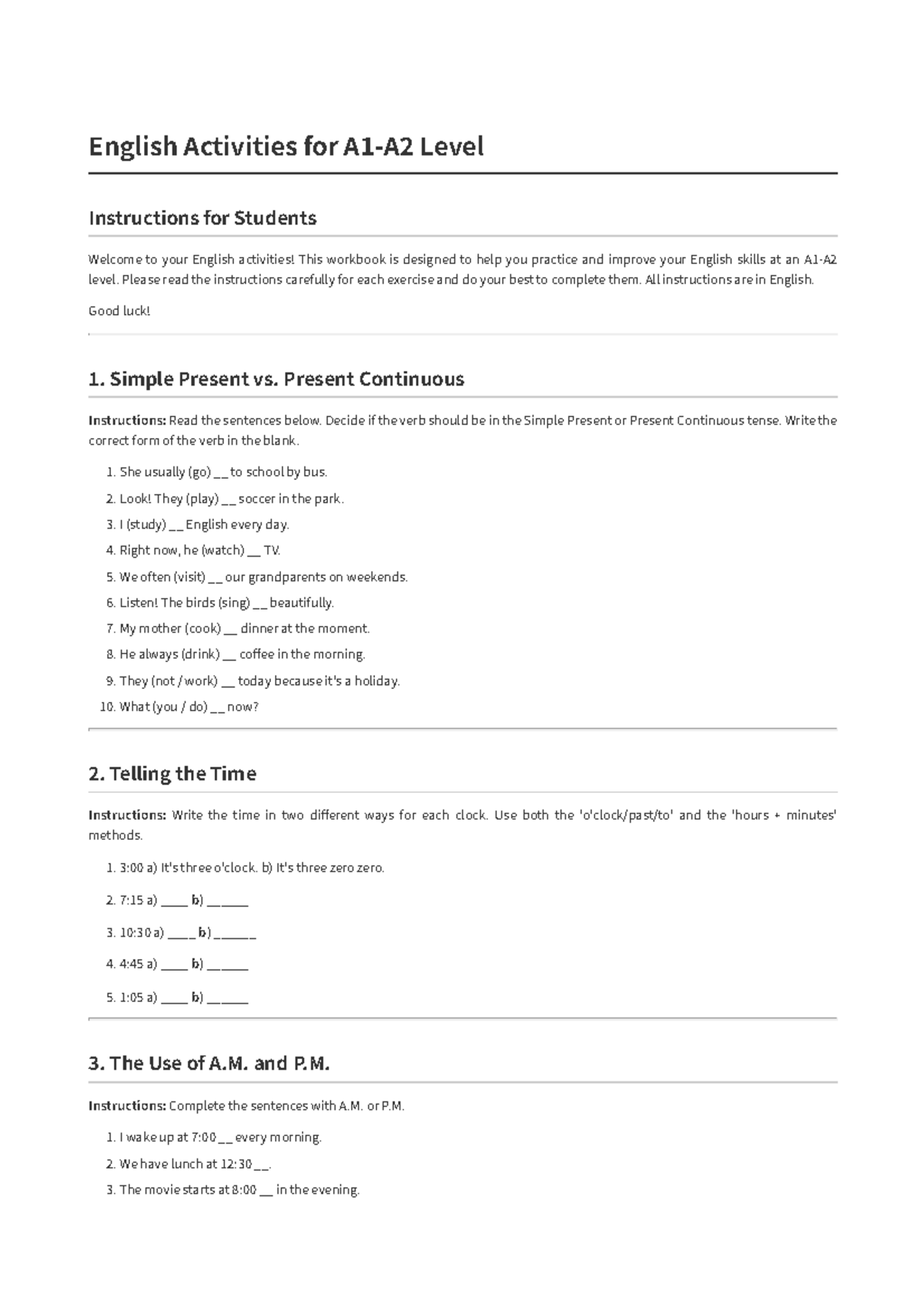 English Activities A1 A2: Practice Workbook for Students - Studocu