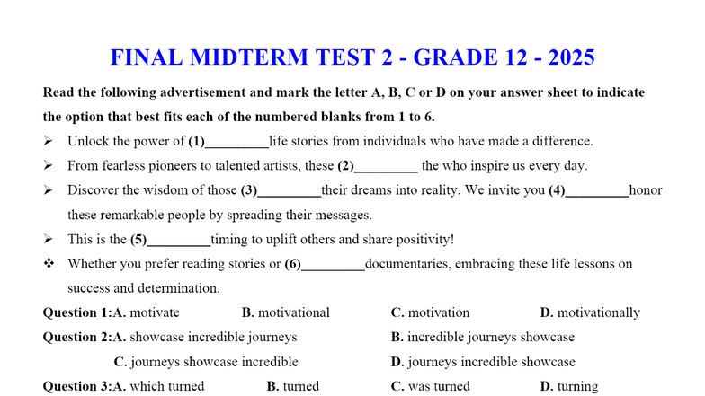FINAL MIDTERM TEST 2 GRADE 12 2025: Comprehensive Review and Practice ...
