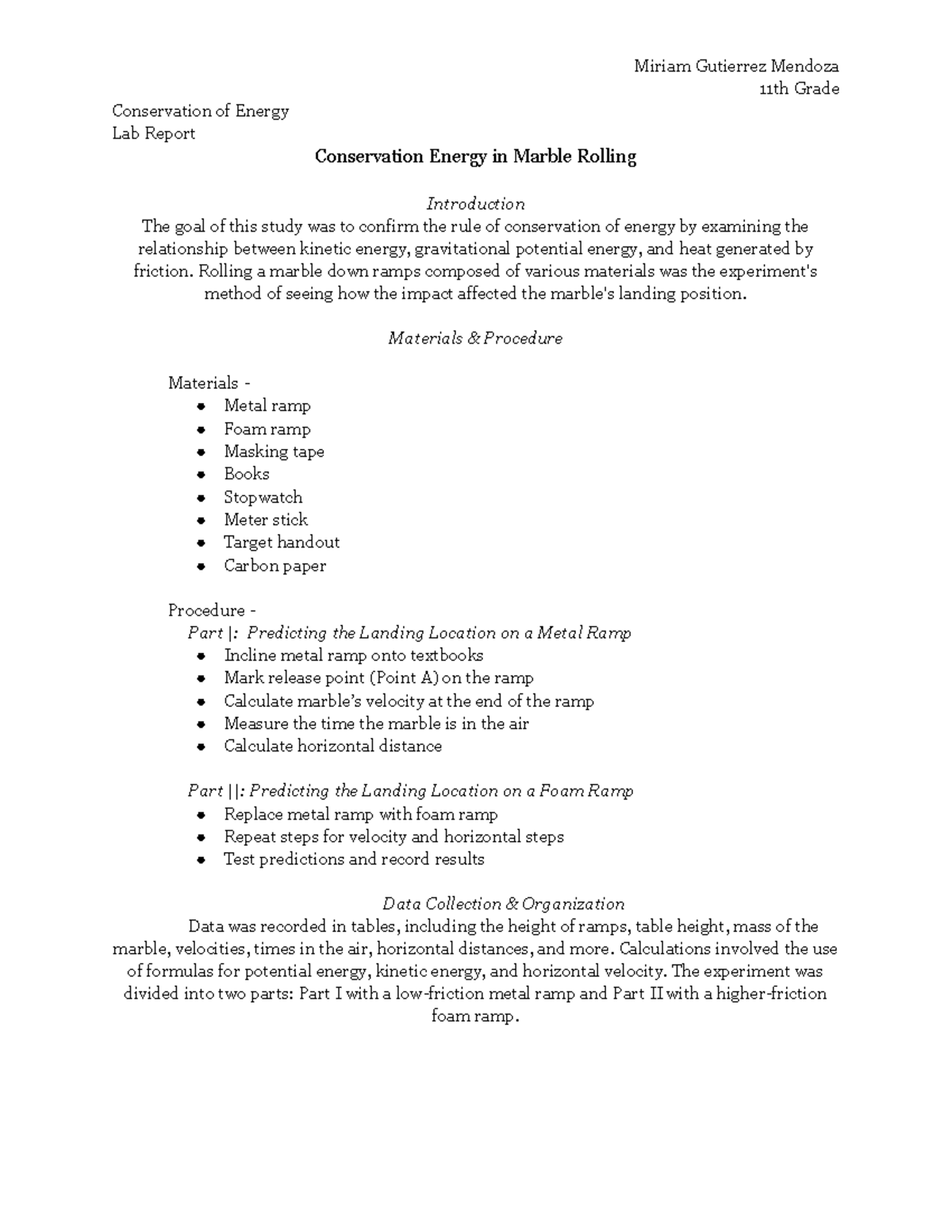11th Grade Lab Report: Conservation of Energy in Marble Rolling - Studocu