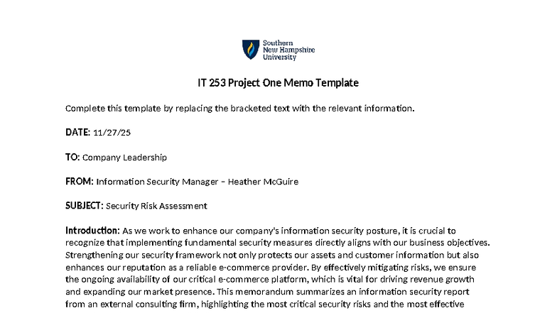 IT 253 Security Risk Assessment Memo Template - Studocu