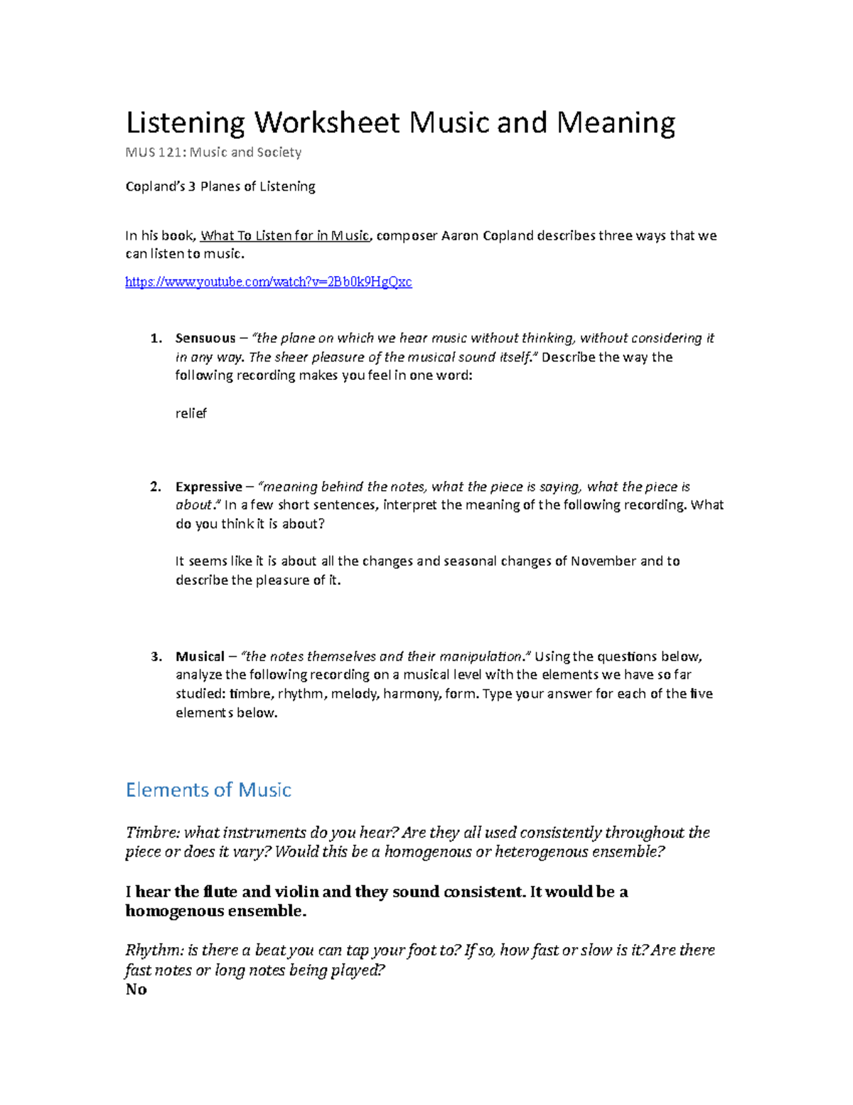 Listening Worksheet: Exploring Music's Meaning (MUS 121) - Studocu
