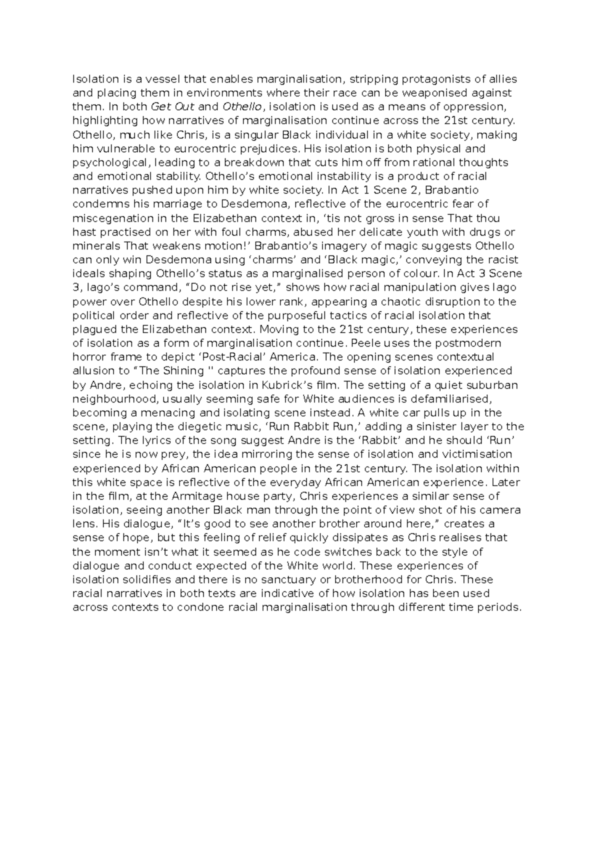 Isolation as a Tool of Marginalisation in Othello and Get Out: An ...