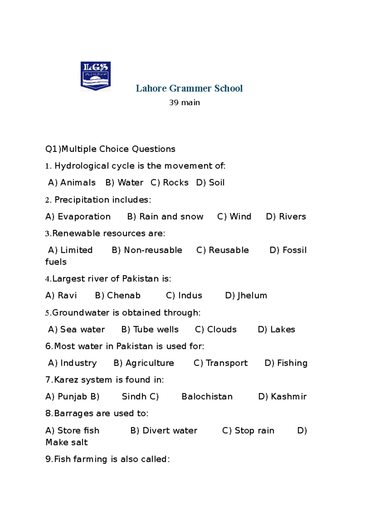 LGS 39 MCQs on Hydrological Cycle & Water Resources - Studocu