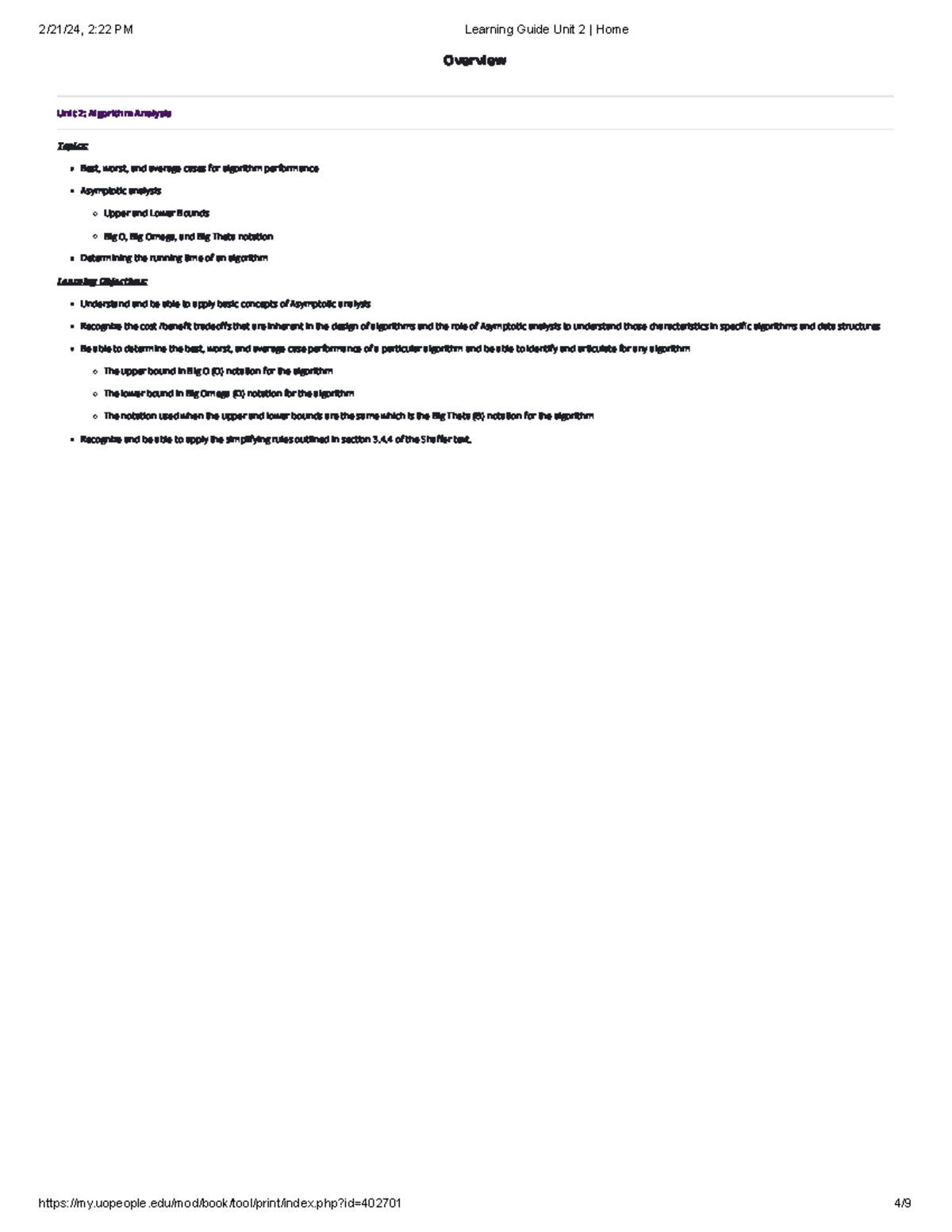 Unit 2 Learning Guide: Algorithm Analysis & Asymptotic Concepts - Studocu