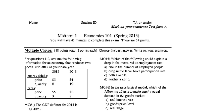 Midterm 1 Practice Exam - Economics 101 (Spring 2013) - Studocu
