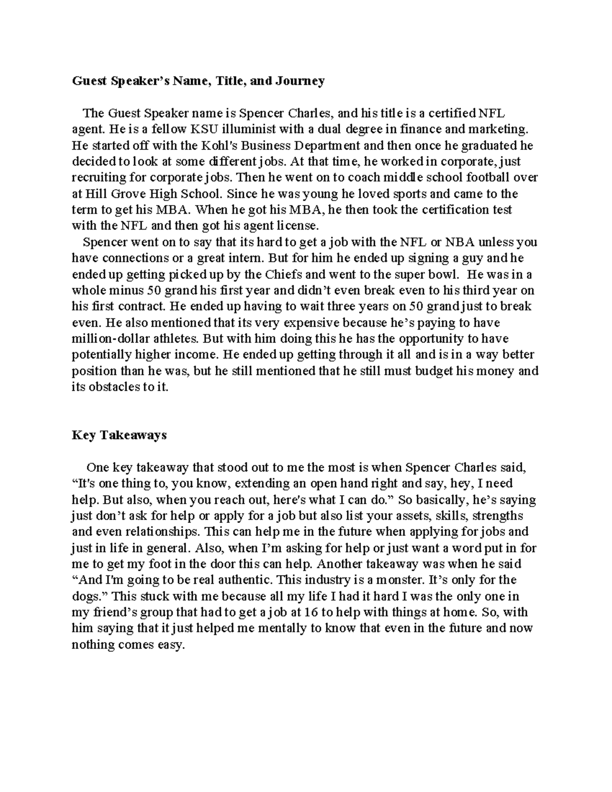 Guest Speaker Assignment: Insights from NFL Agent Spencer Charles - Studocu