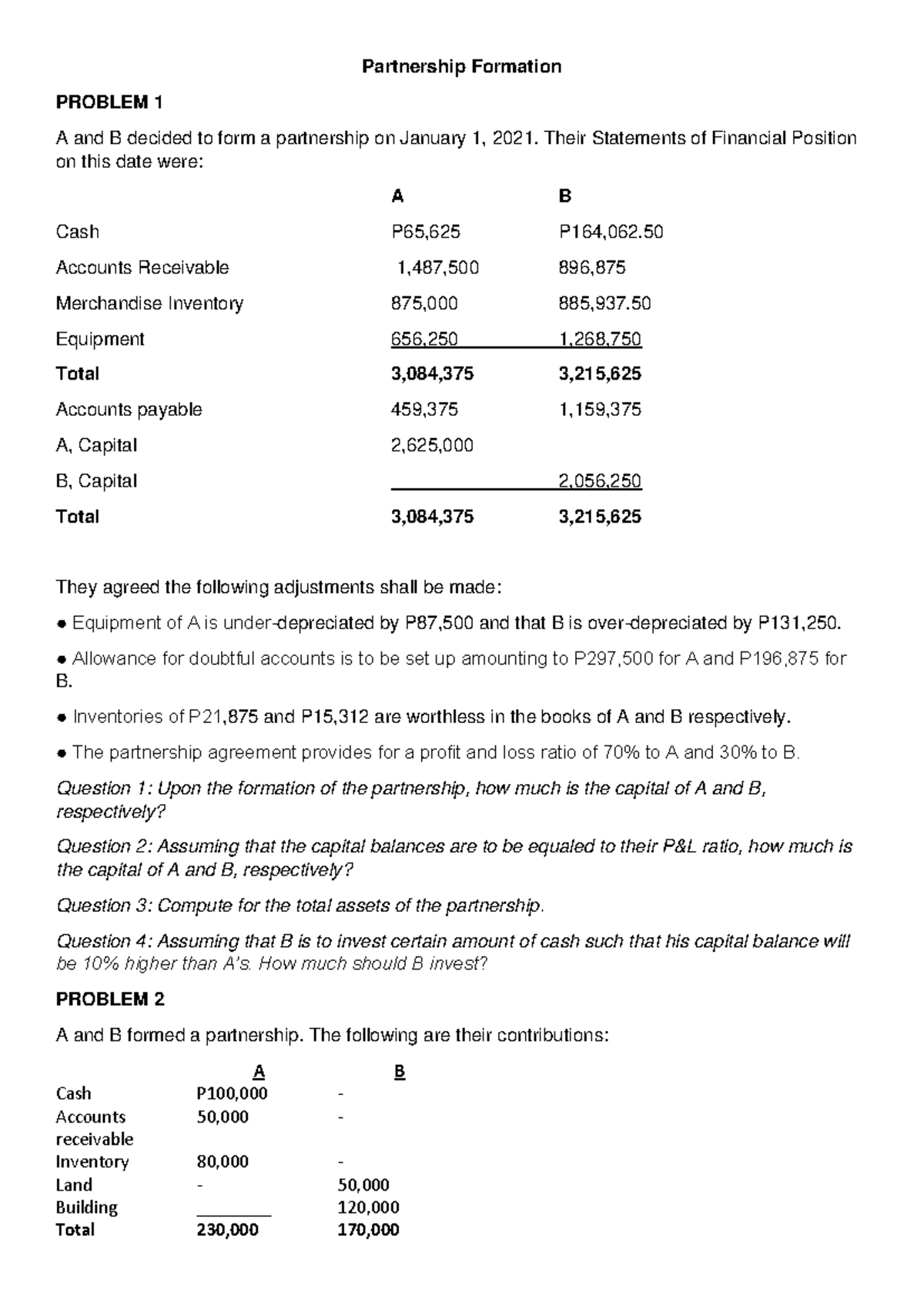 Partnership Formation & Operation Assignment (PROBLEM 1-3) - Studocu