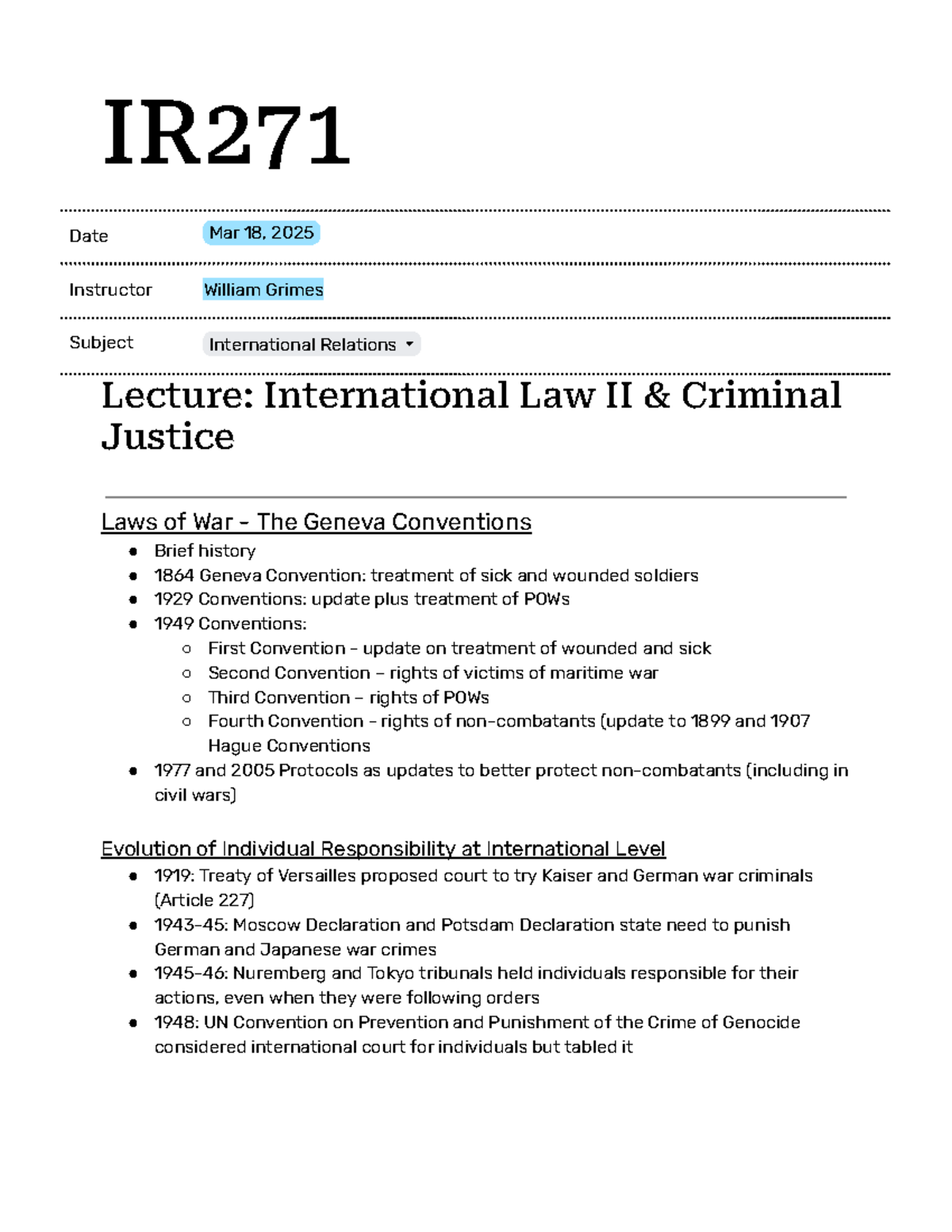 IR271 - Lecture on International Law II: Laws of War & ICC Overview ...