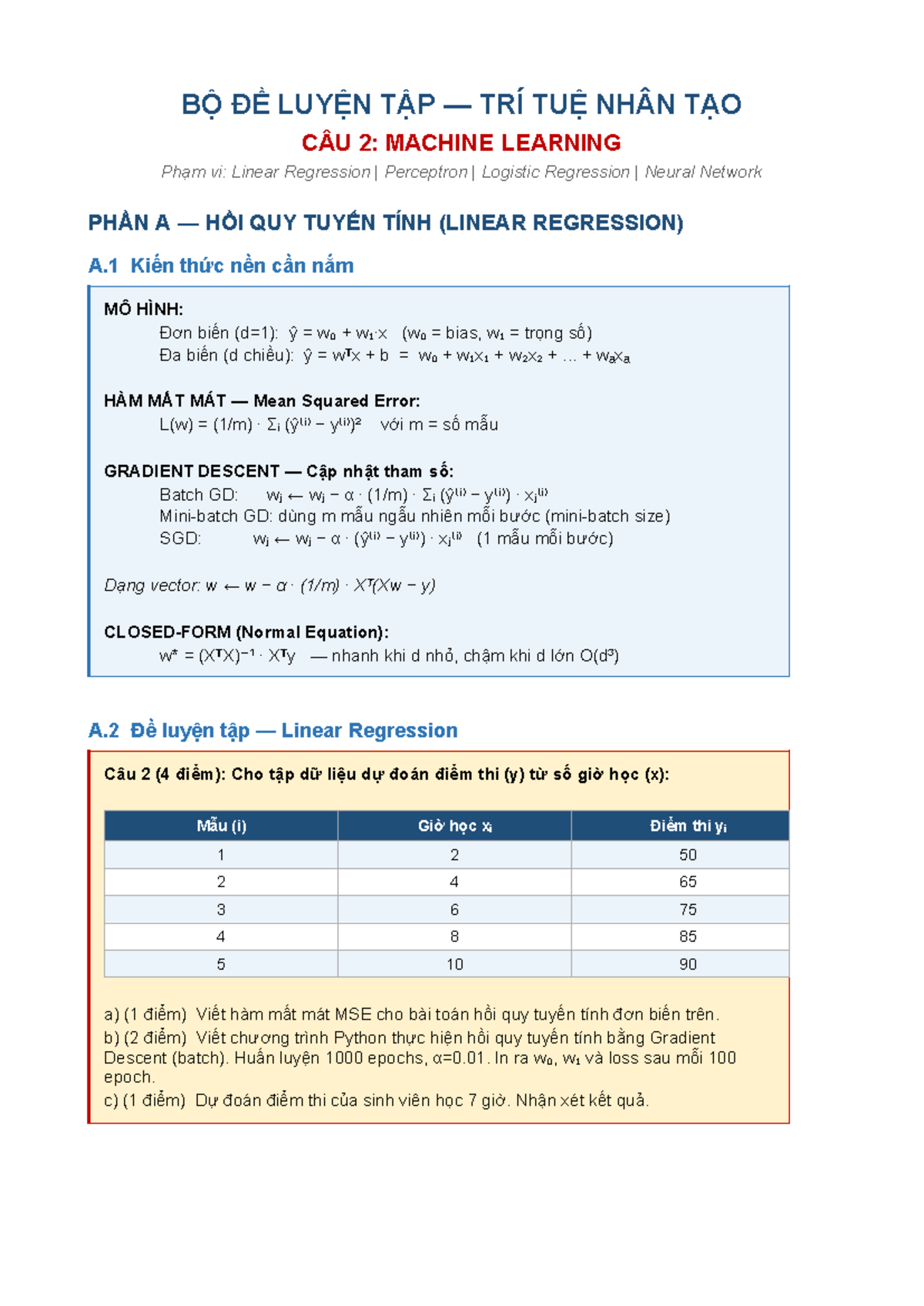 Câu 2: BỘ ĐỀ LUYỆN TẬP MACHINE LEARNING (ML) - Hồi Quy Tuyến Tính ...