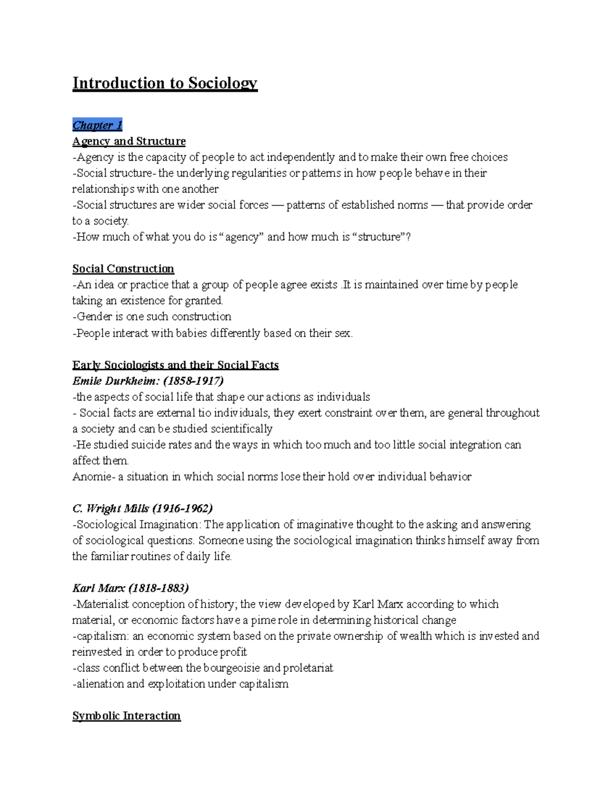 Sociology Notebook - Introduction to Sociology Chapter 1 Agency and ...