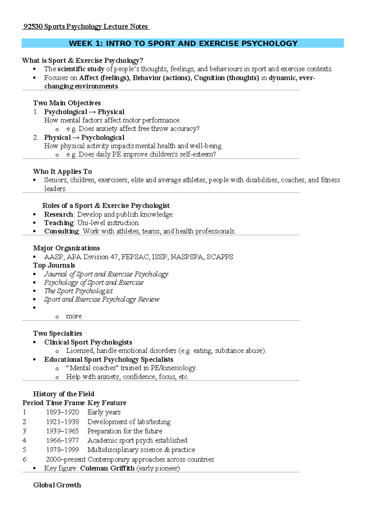 92530 Sports Psychology Lecture Notes: Week 1-8 Overview and Key ...