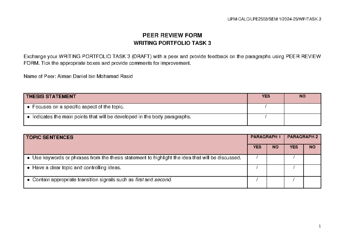 LPE2503 Writing Portfolio TASK 3 (PEER Review FORM) - PEER REVIEW FORM ...