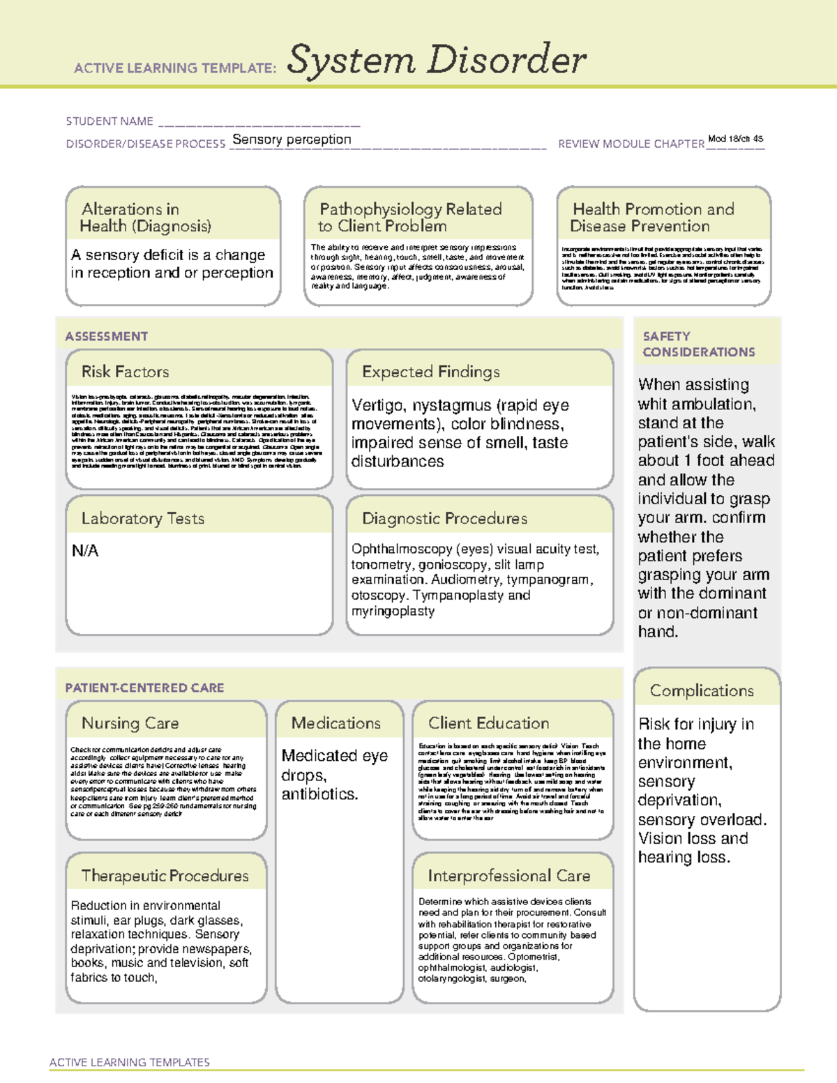 Nursing Notes on Sensory Perception: System Disorders (Mod 18, Ch 45 ...