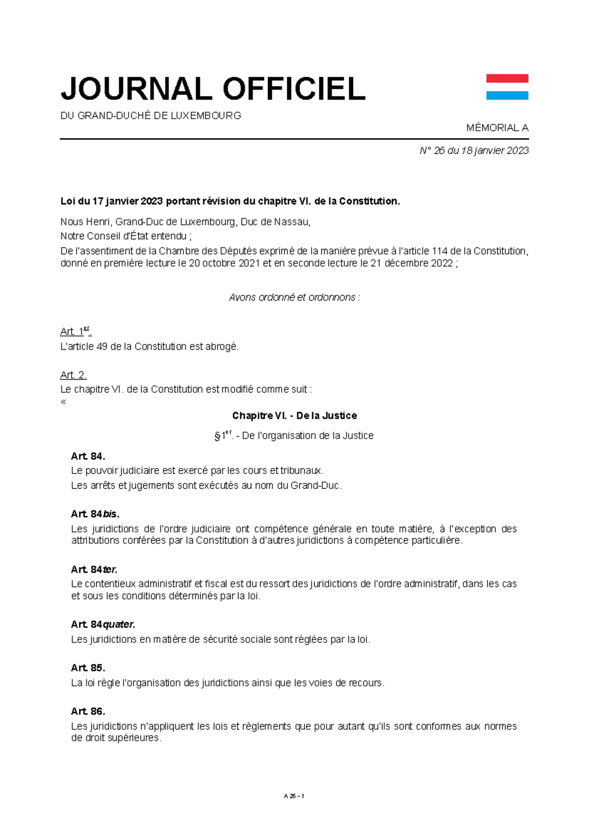Loi de Révision du Chapitre VI de la Constitution - A 26 - Studocu