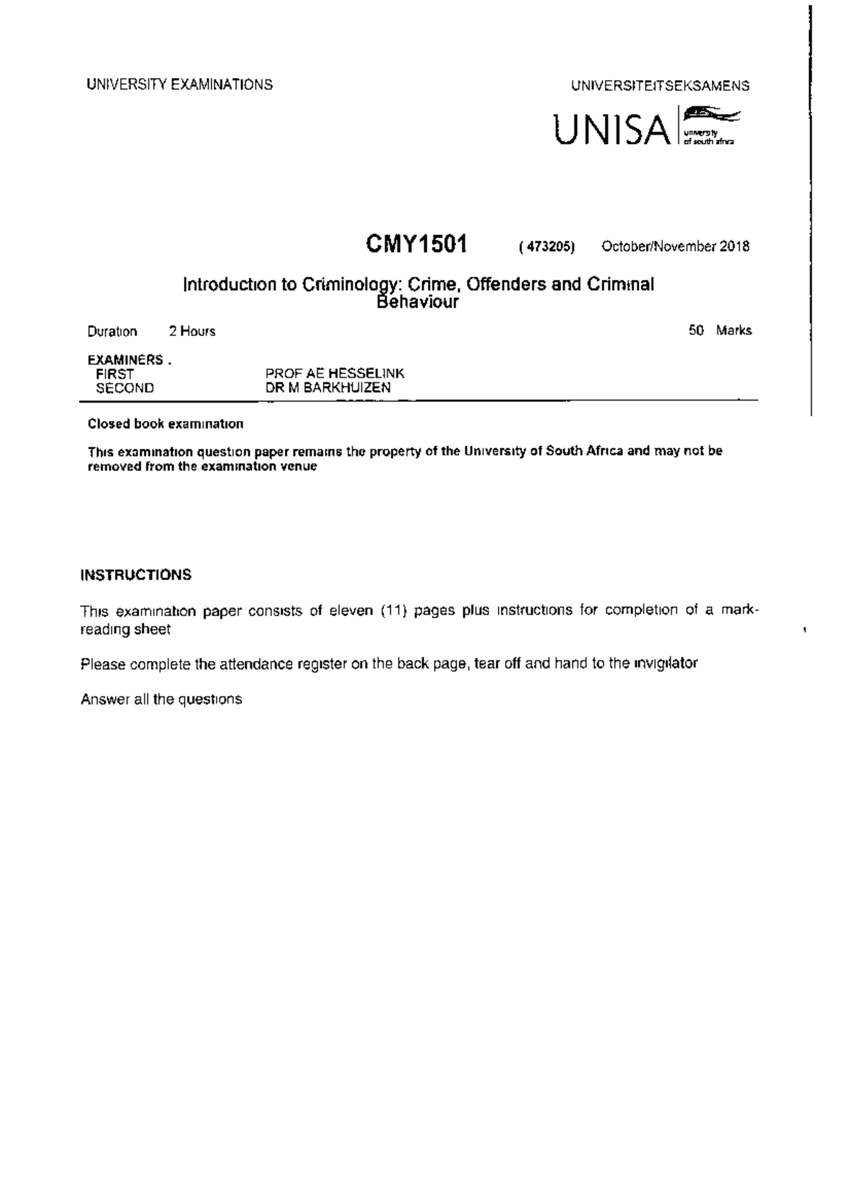 CMY1501 Past Exam Papers (2018) - Comprehensive Review - Studocu