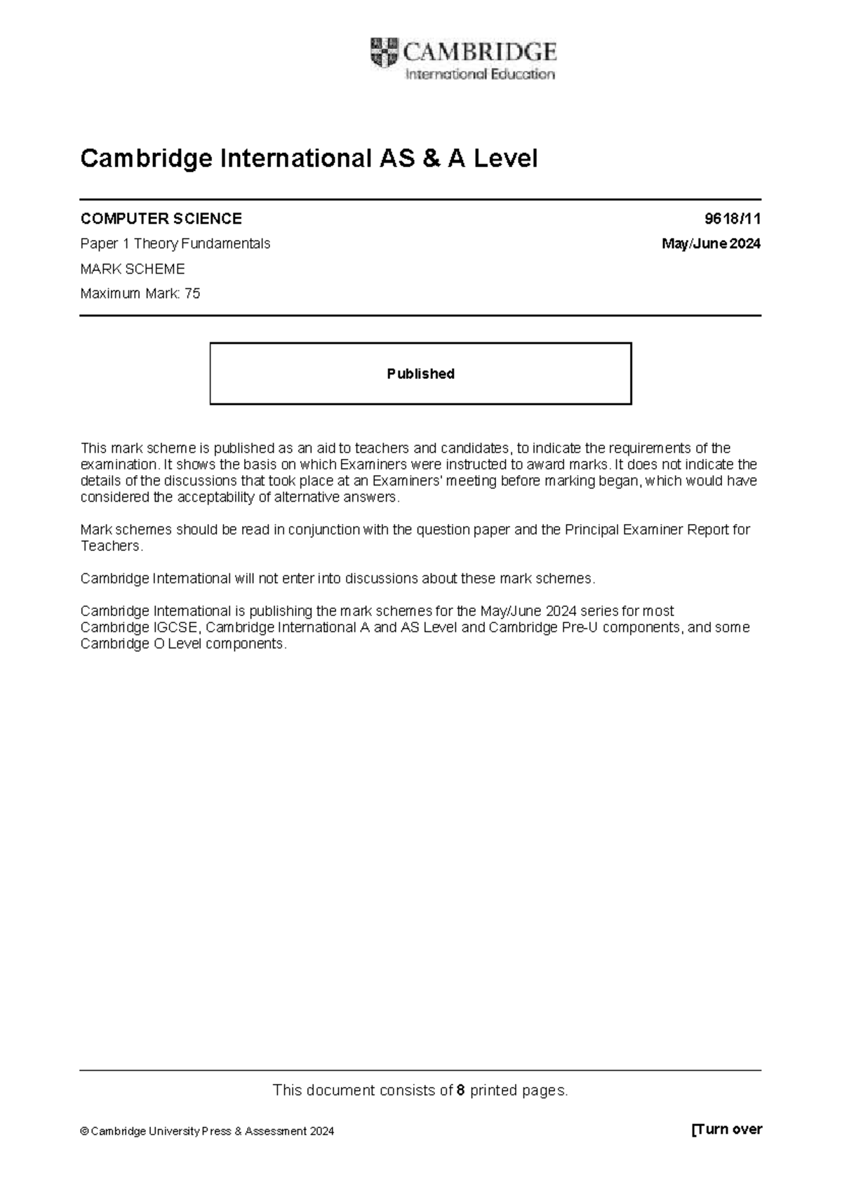 Cambridge International AS A Level Computer Science 9618/24 Mark Scheme ...