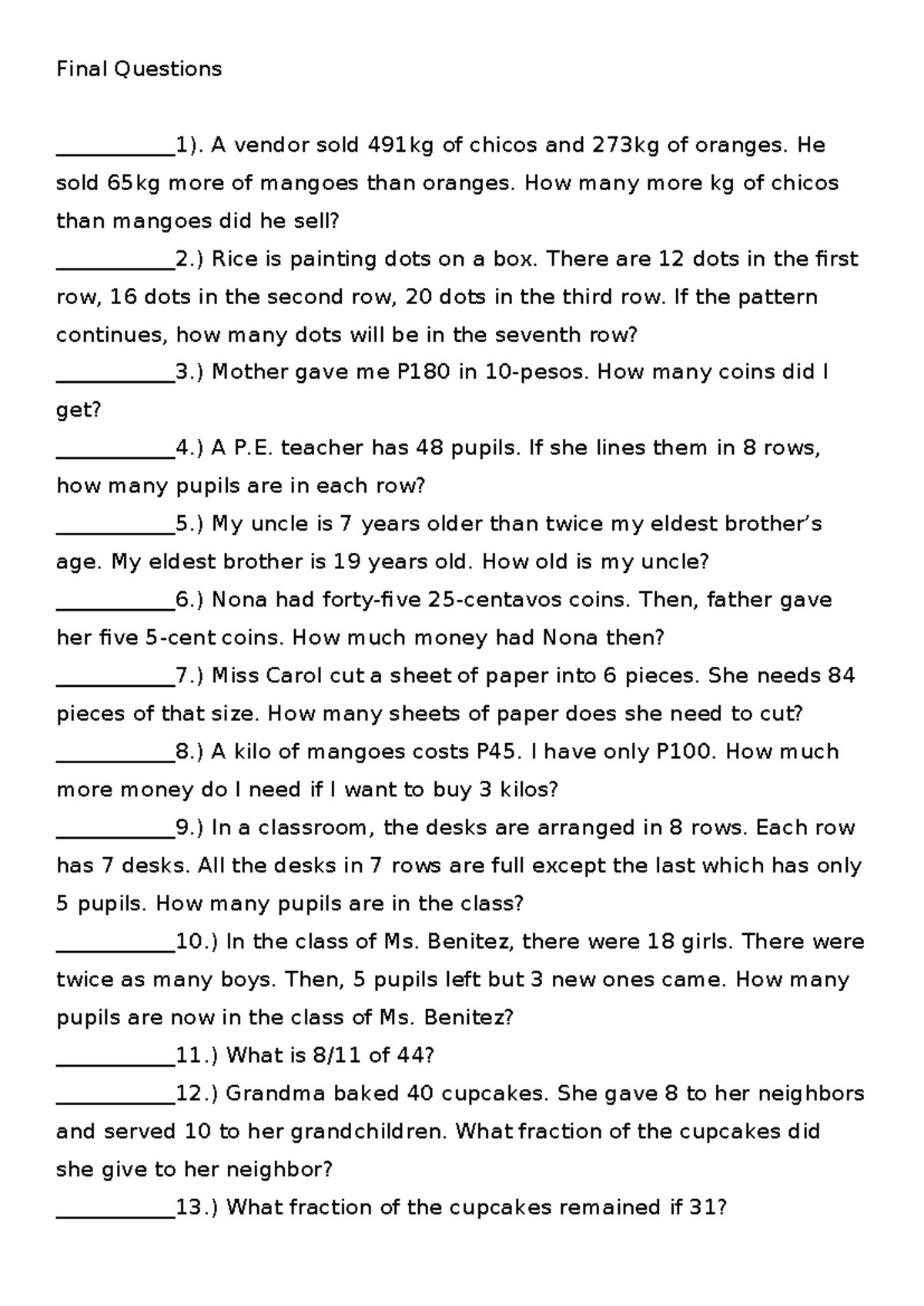 MTAP Grade 3 - Quiz Bee Final Questions and Problems - Studocu