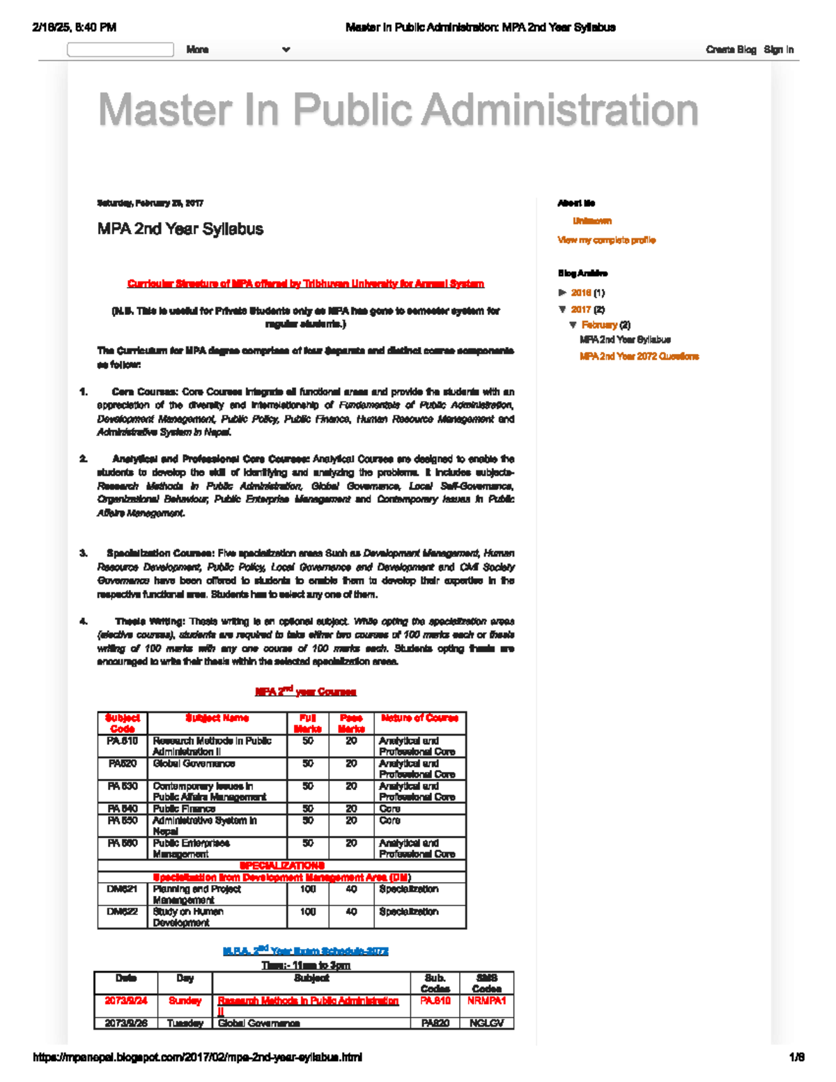 MPA 2nd Year Syllabus Overview: Core & Specialization Courses - Studocu