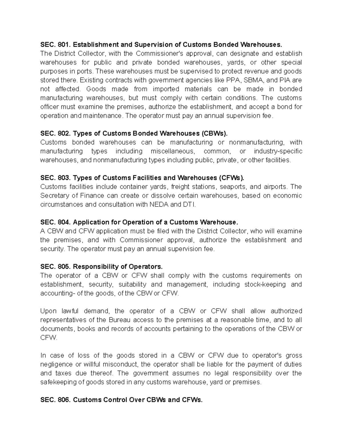 Summary of SEC. 801-813 on Customs Bonded Warehouses & Facilities - Studocu