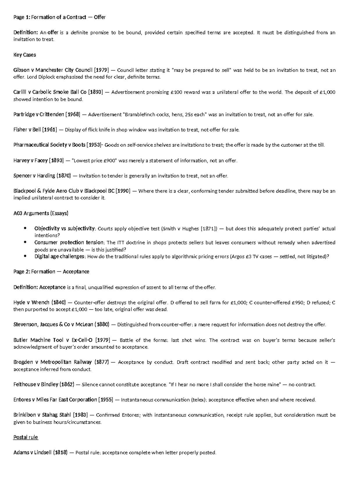 Contract Law Cheat Sheet: Key Concepts and Cases (LAW101) - Studocu