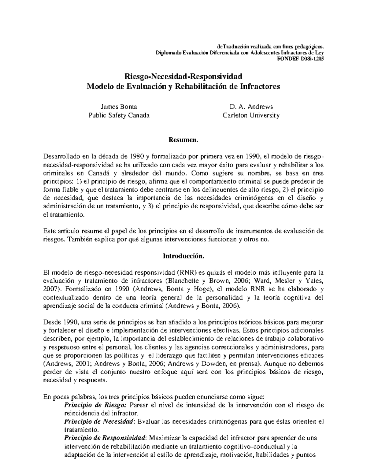 Riesgo, Necesidad y Responsividad: Modelo de Evaluación y ...